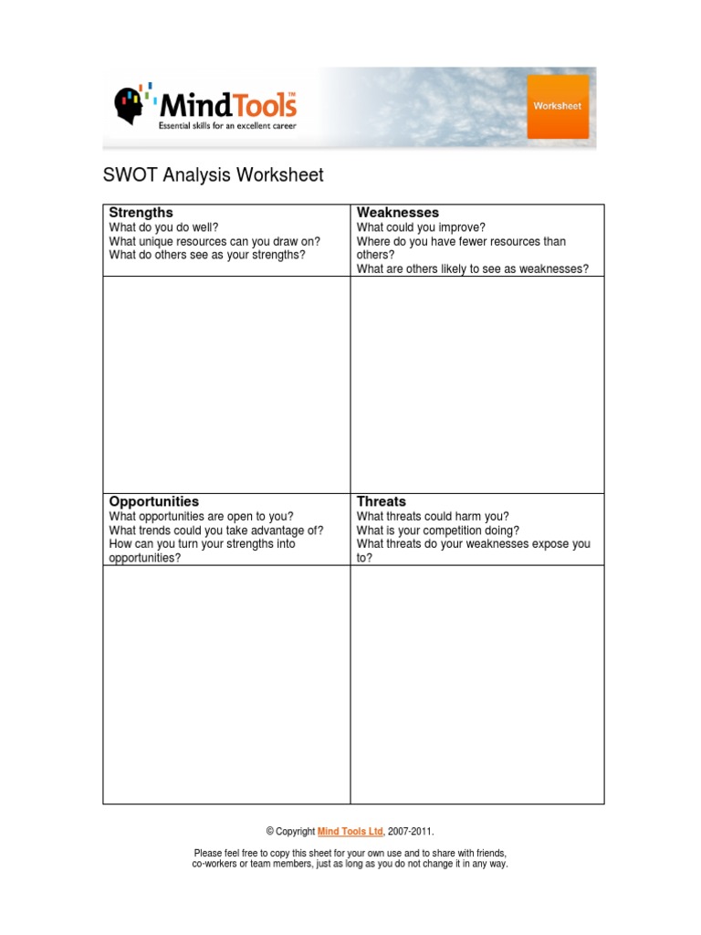 Mind Tools Swot Analysis Worksheet | PDF