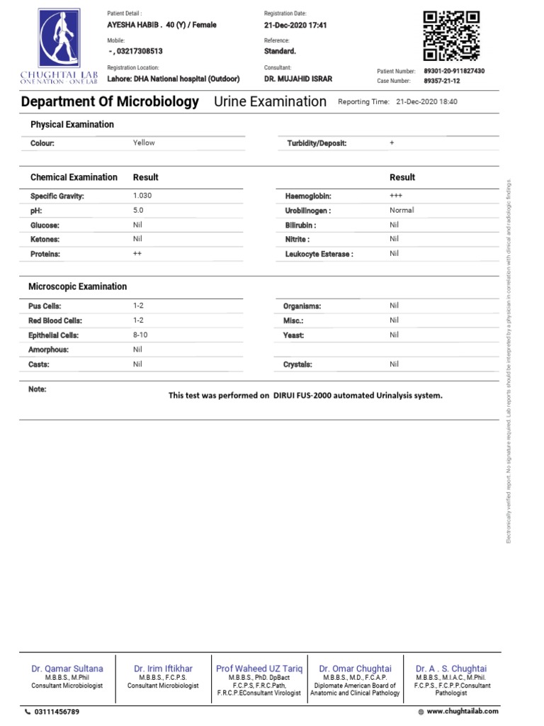 Department of Microbiology Urine Examination: Result Result | PDF ...
