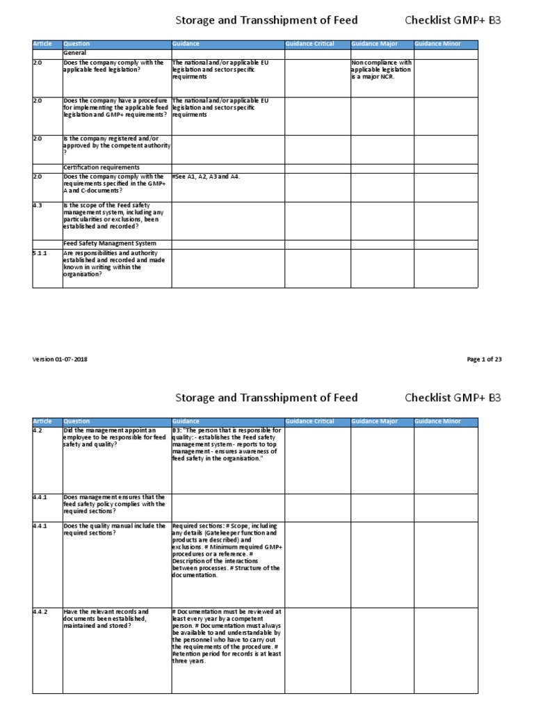 Storage and Transshipment of Feed Checklist GMP+ B3: General | PDF ...