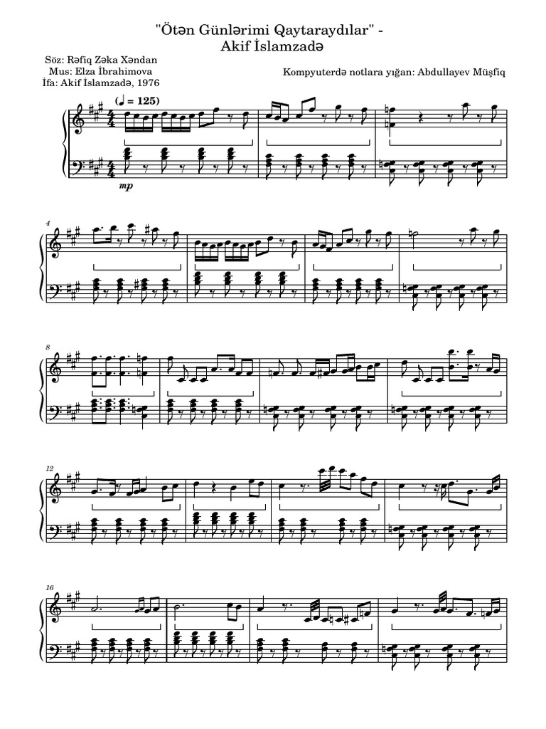 Oten Gunlerimi Qaytaraydilar (Piano Notlar) | PDF