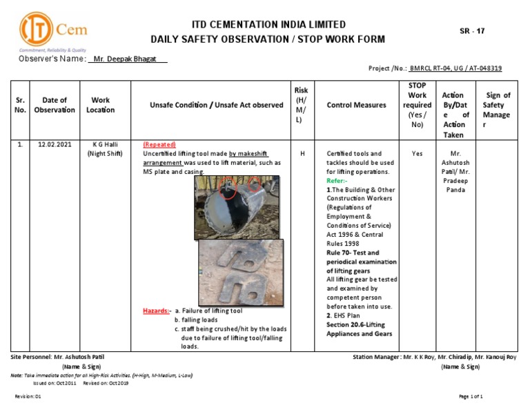 Itd Cementation India Limited Daily Safety Observation / Stop Work Form ...