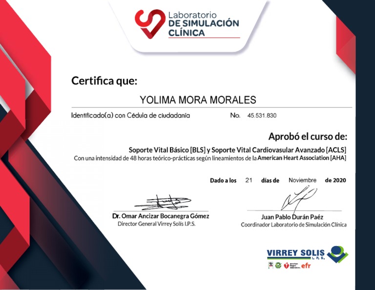 Certificado De Aprobación Bls Acls Yolima Mora Morales Pdf