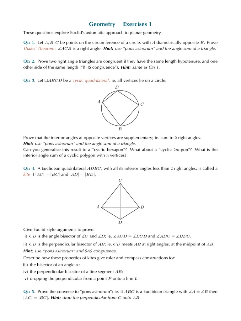 Geometry Exercises 1: Thales' Theorem | PDF | Perpendicular | Triangle