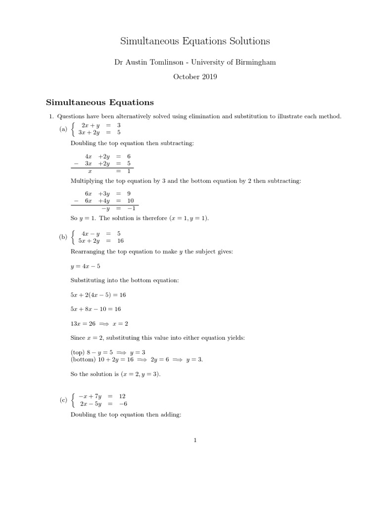 Simultaneous Equations Solutions | PDF | Equations | Mathematical Objects