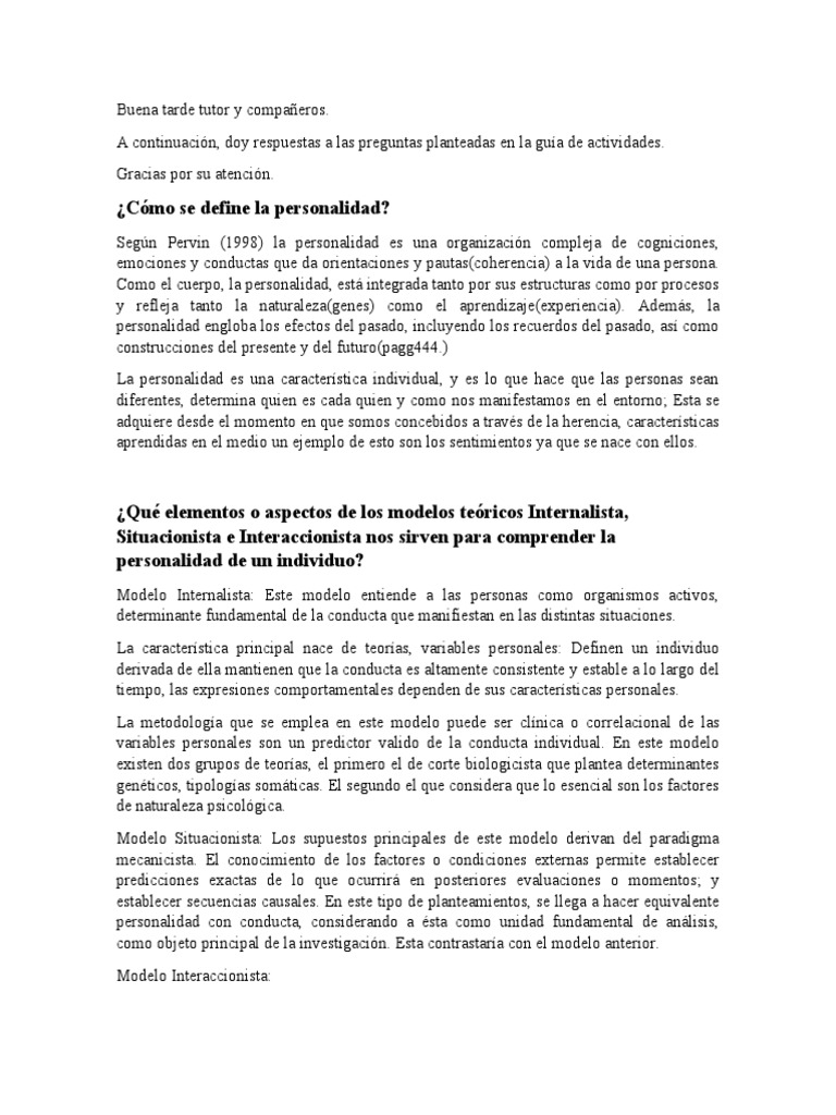 Definición y Modelos de Personalidad | PDF | Comportamiento | Sicología