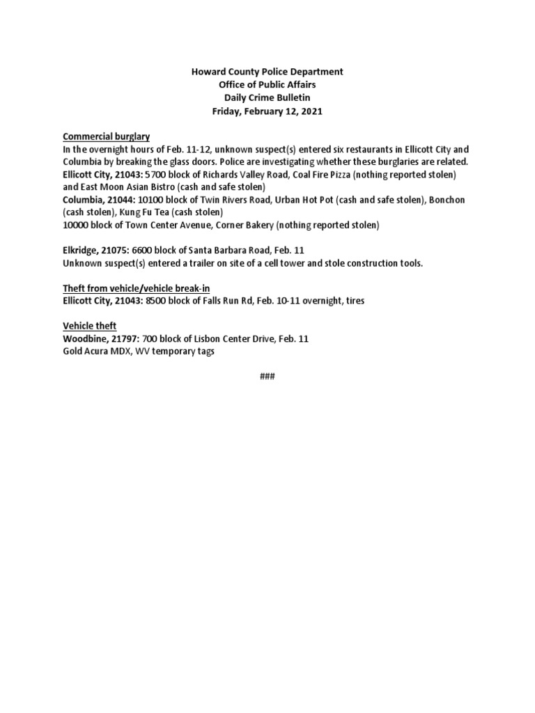 Police Daily Crime Bulletin 20210212 | PDF