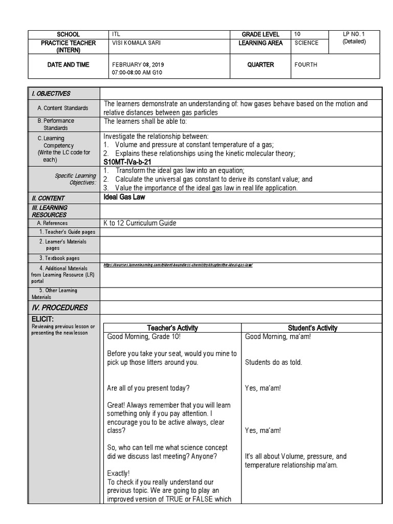Lesson Plan Ideal Gas Law | PDF | Gases | Mole (Unit)