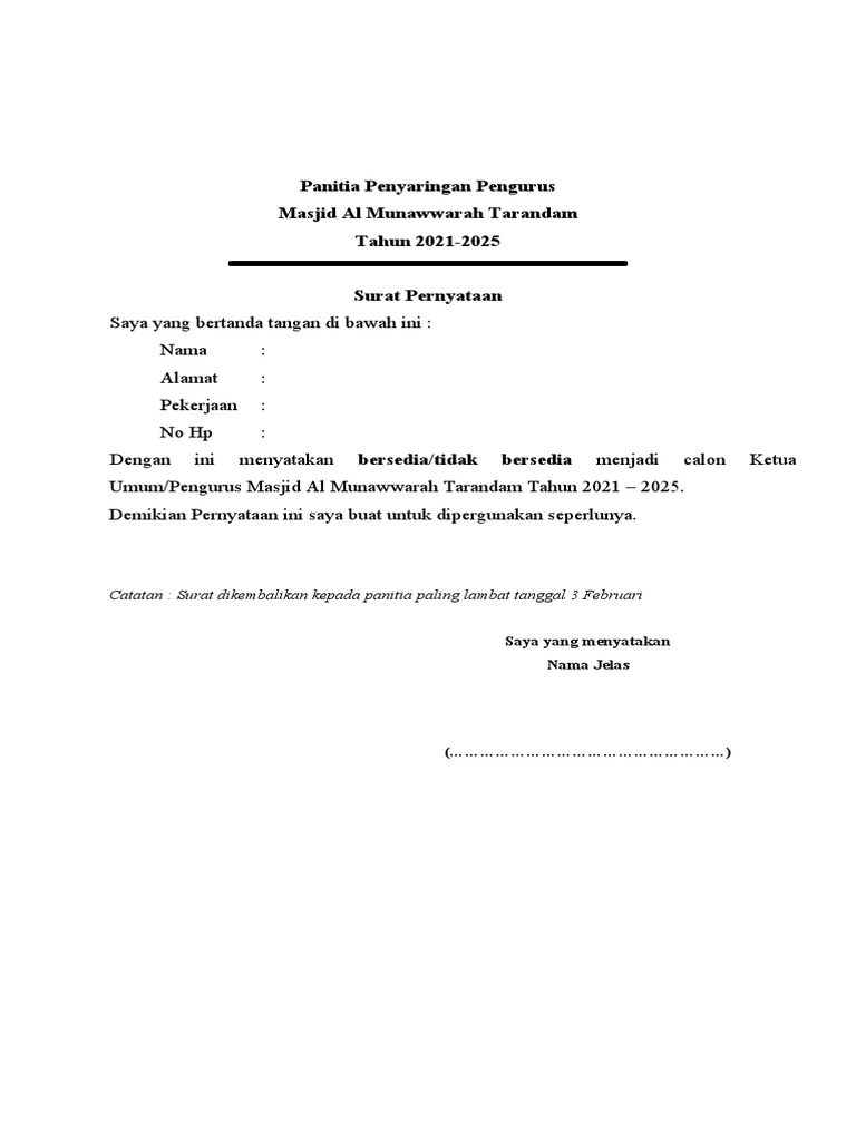 Surat Pernyataan Bersedia Menjadi Pengurus | PDF