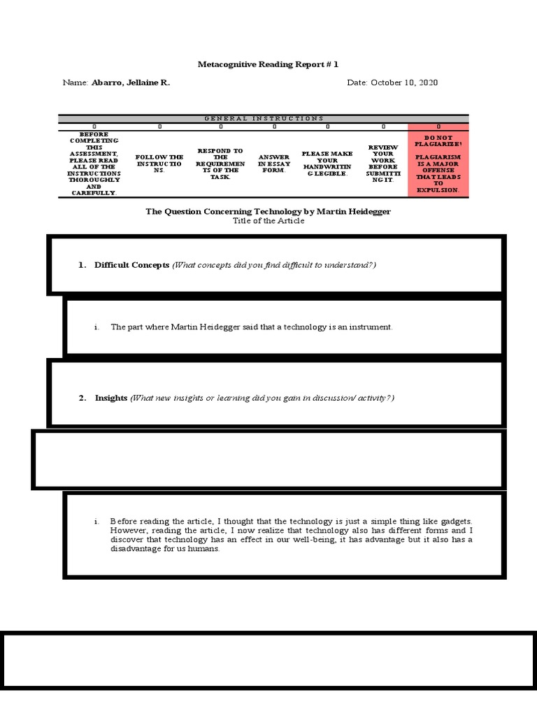 Metacognitive Reading Report # 1: General Instructions | PDF | Human ...