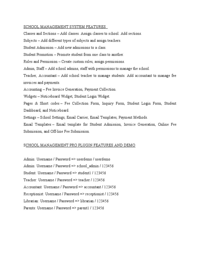 School Management System Features | PDF | Password | Fee
