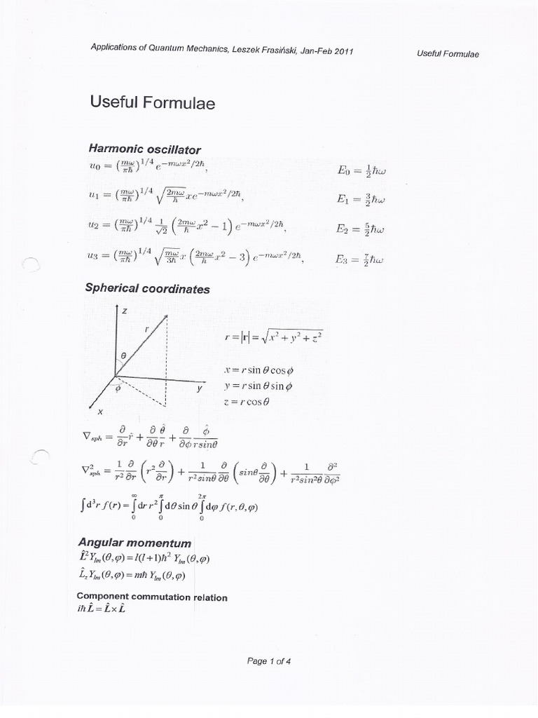 EISAQM Applications of Quantum Mechanics Formula Sheet | PDF