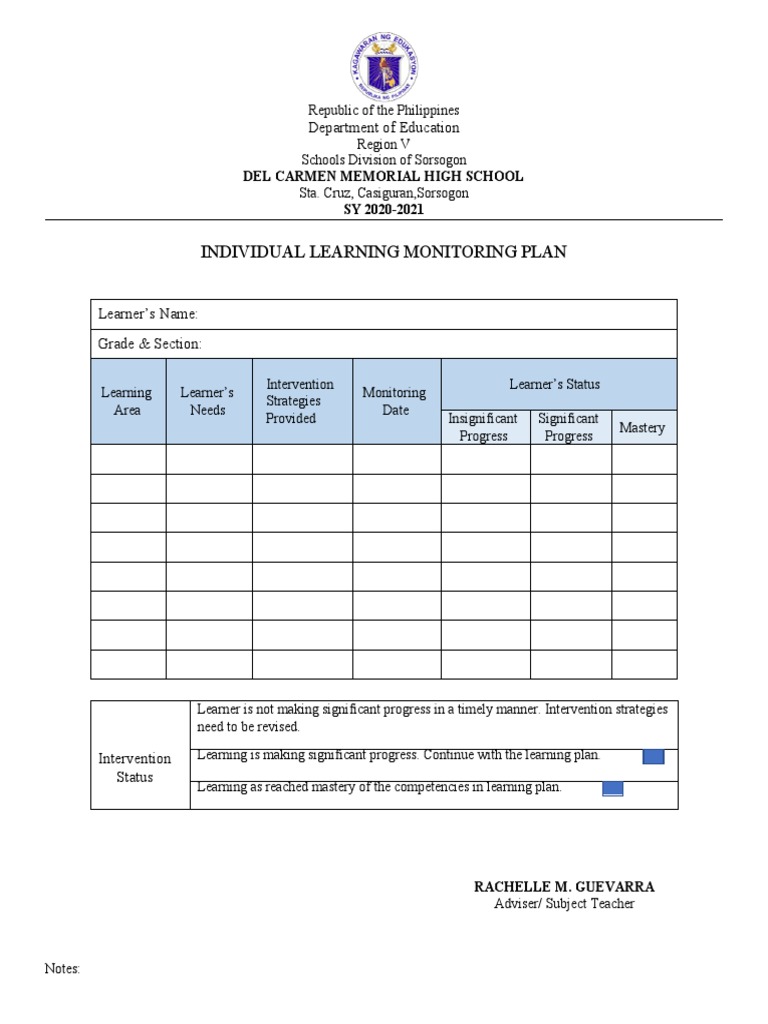 Individual Learning Monitoring Plan (Sample Template) | PDF ...