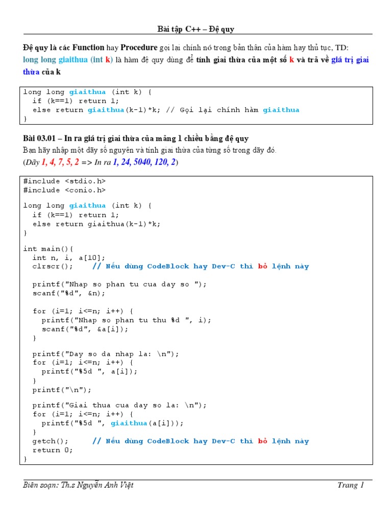 Bai Tap C++ 03 - de Quy | PDF