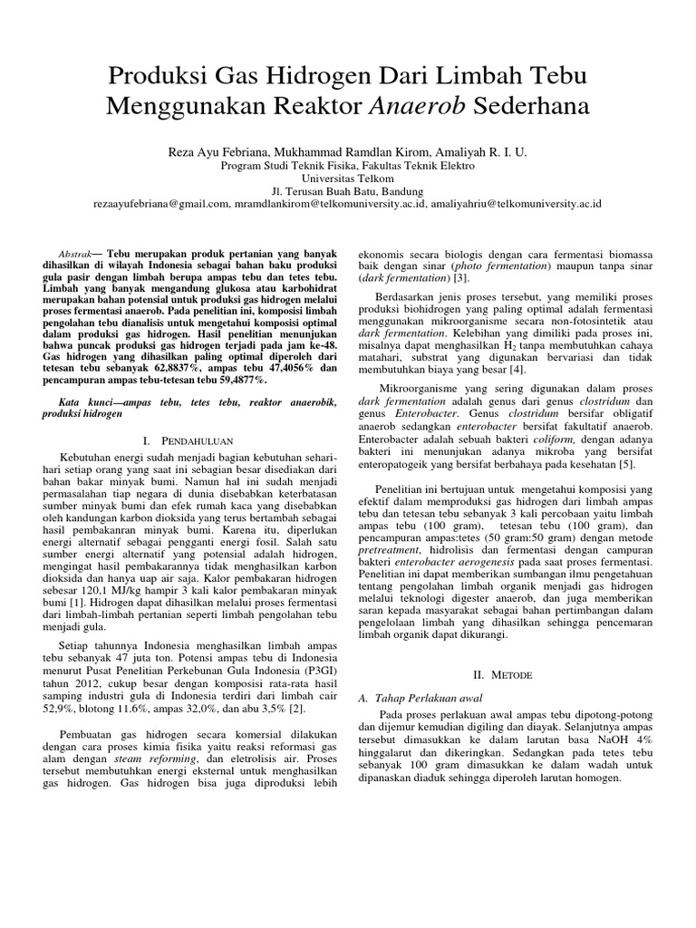 Produksi Gas Hidrogen Dari Limbah Tebu Menggunakan Reaktor Anaerob ...