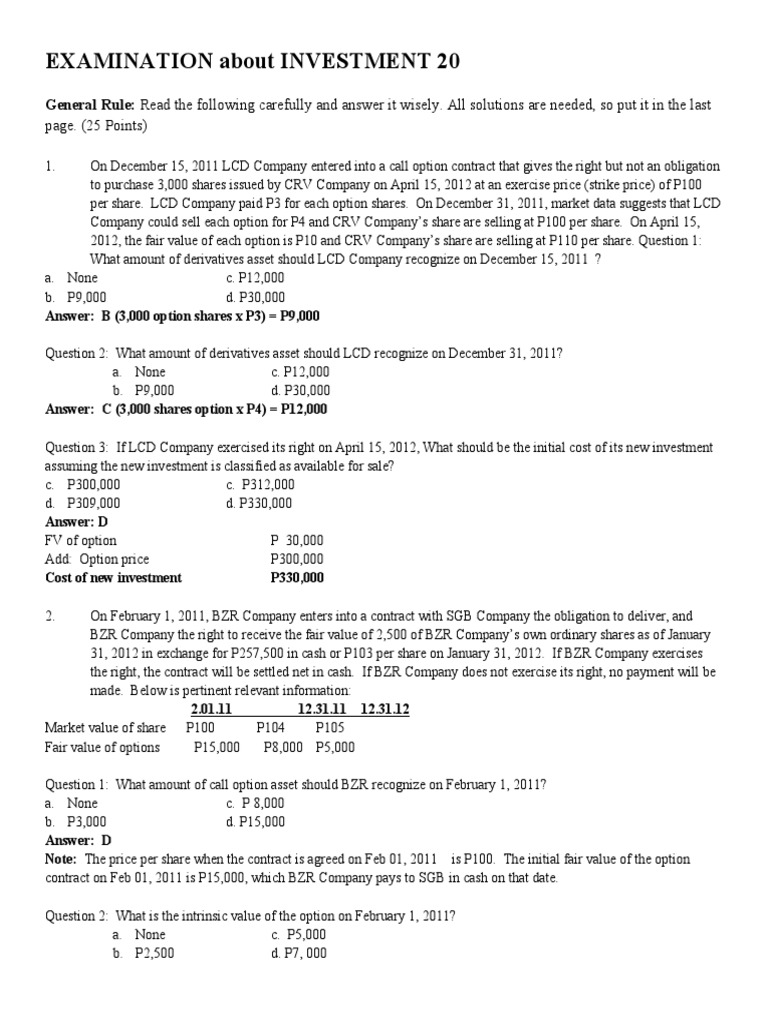 Examination About Investment 20 | PDF | Option (Finance) | Swap (Finance)