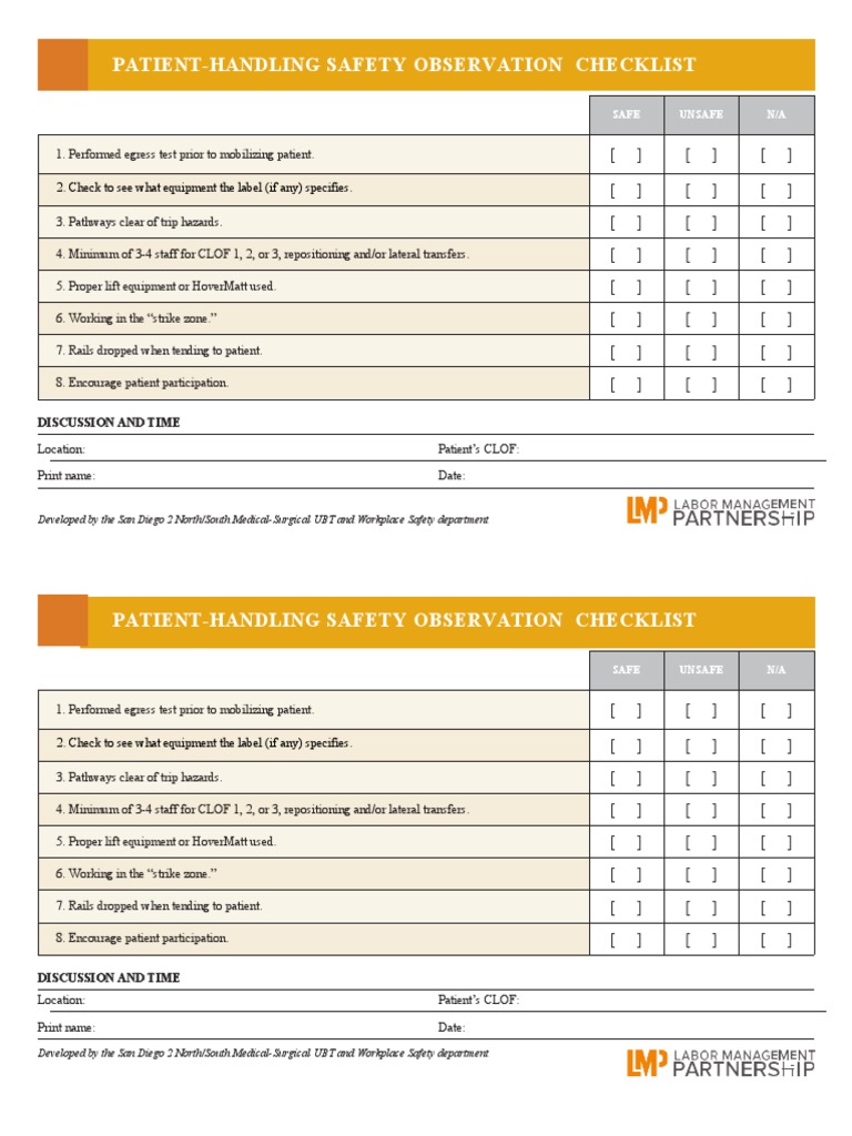 Patient Handling Safety Checklist | PDF | Workplace | Safety