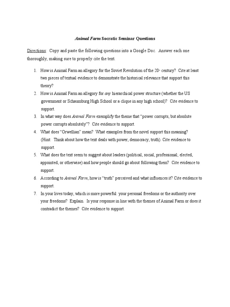 Animal Farm Socratic Seminar Questions | PDF