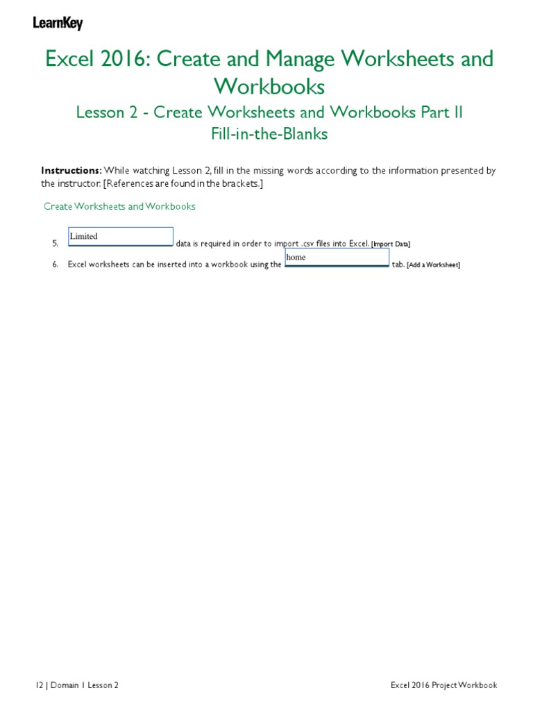 Excel 2016: Create and Manage Worksheets and Workbooks | PDF ...