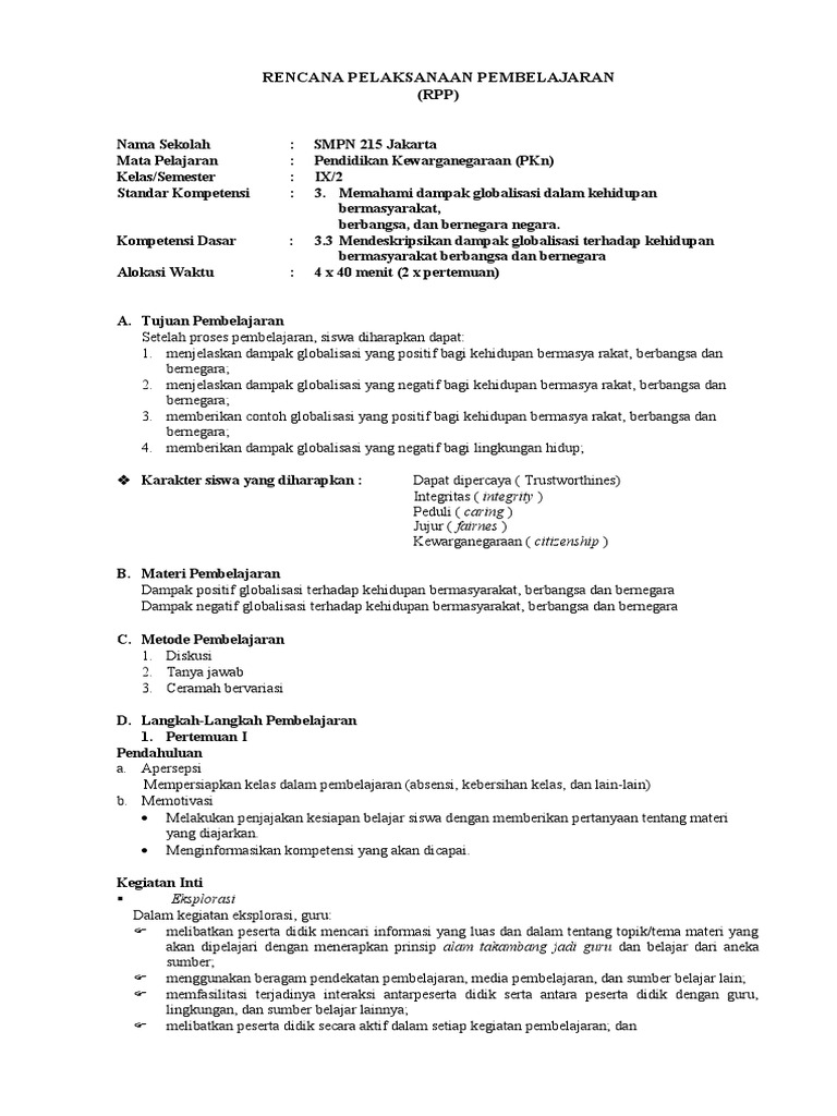 RPP Adiwiyata PKN Kelas Ix Revisi | PDF