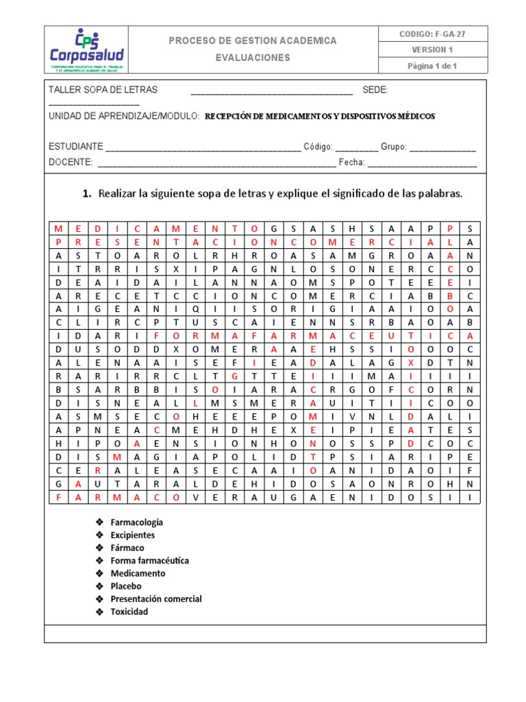 Taller Sopa de Letras | PDF | Investigación de salud | Medicamentos con receta