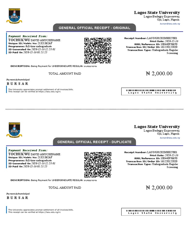 Lagos State University: General Official Receipt - Original | PDF ...
