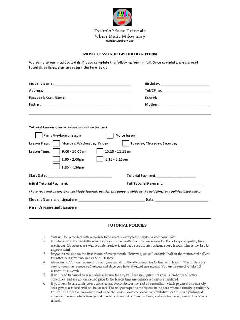 Psalm's Music Tutorials: Music Lesson Registration Form | PDF