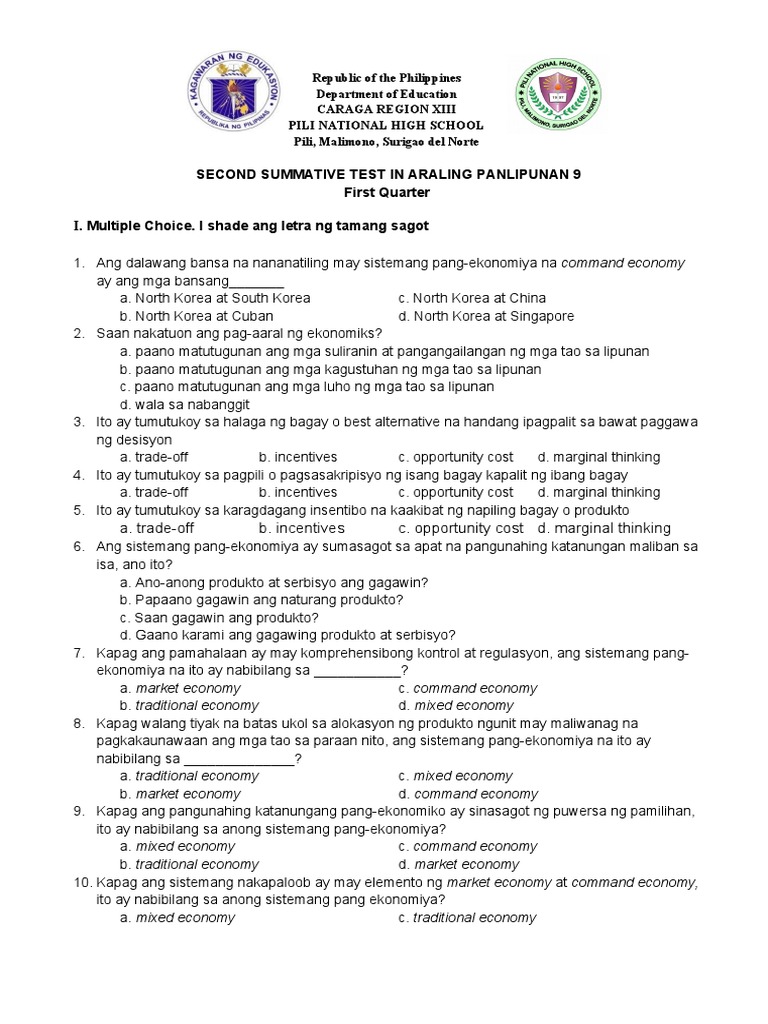 2nd Summative Test in Araling Panlipunan First Quarter | PDF