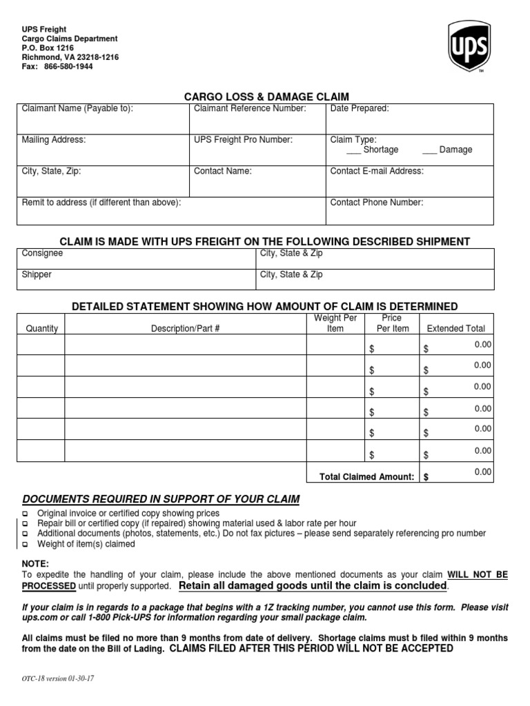UPS Loss Claim Form | PDF | Cargo | Services (Economics)