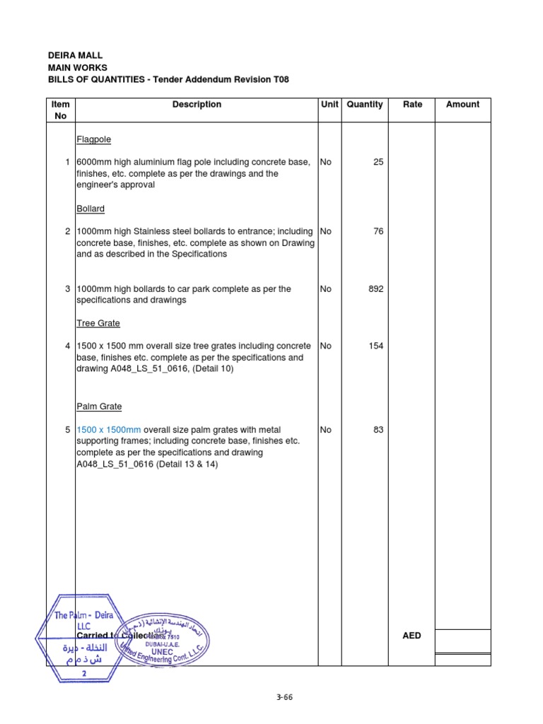 Deira Mall Main Works BILLS OF QUANTITIES - Tender Addendum Revision T08 | PDF