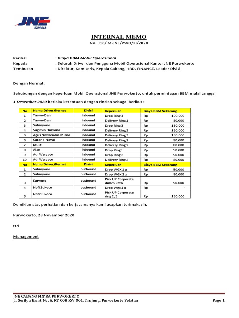 Internal Memo Perubahan Biaya BBM Mobil | PDF