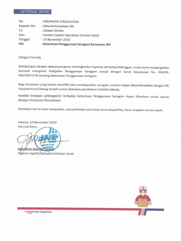Internal Memo Ketentuan Penggunaan Seragam Karyawan JNE Express | PDF