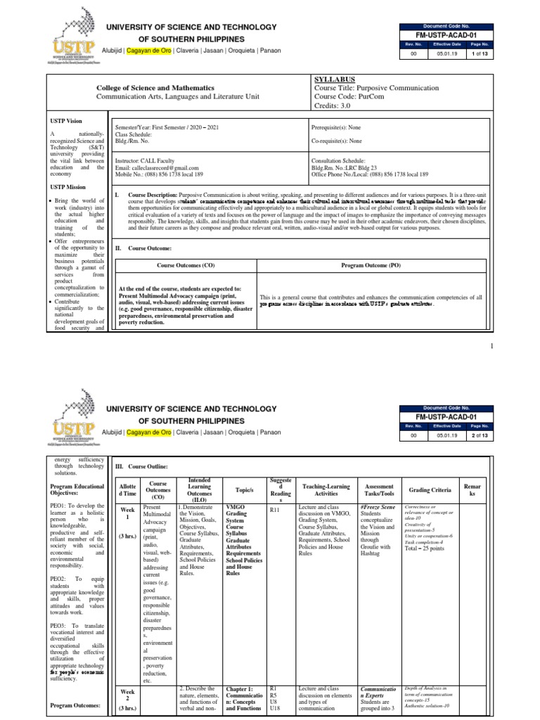 Purposive Communication Course Syllabus | PDF | Cross Cultural ...
