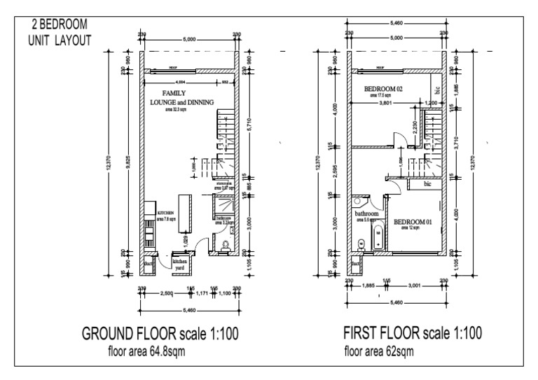 GROUND FLOOR Scale 1:100 FIRST FLOOR Scale 1:100: 2 Bedroom Unit Layout ...