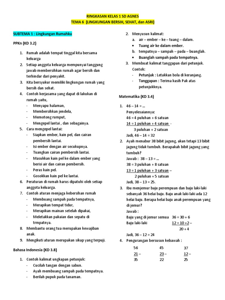 Ringkasan Kelas 1 Tema 6 | PDF | Griya & Taman