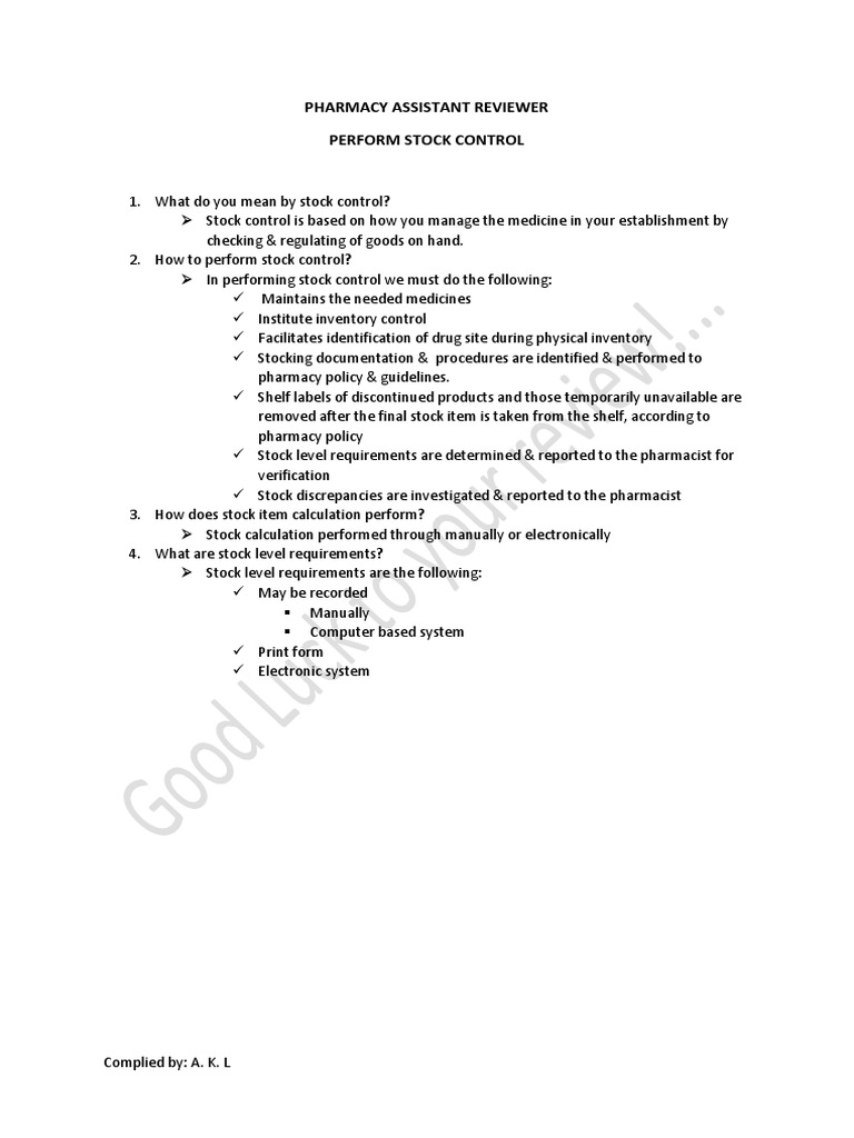 Perform Stock Control - Pharmacy Assistant Reviewer | PDF