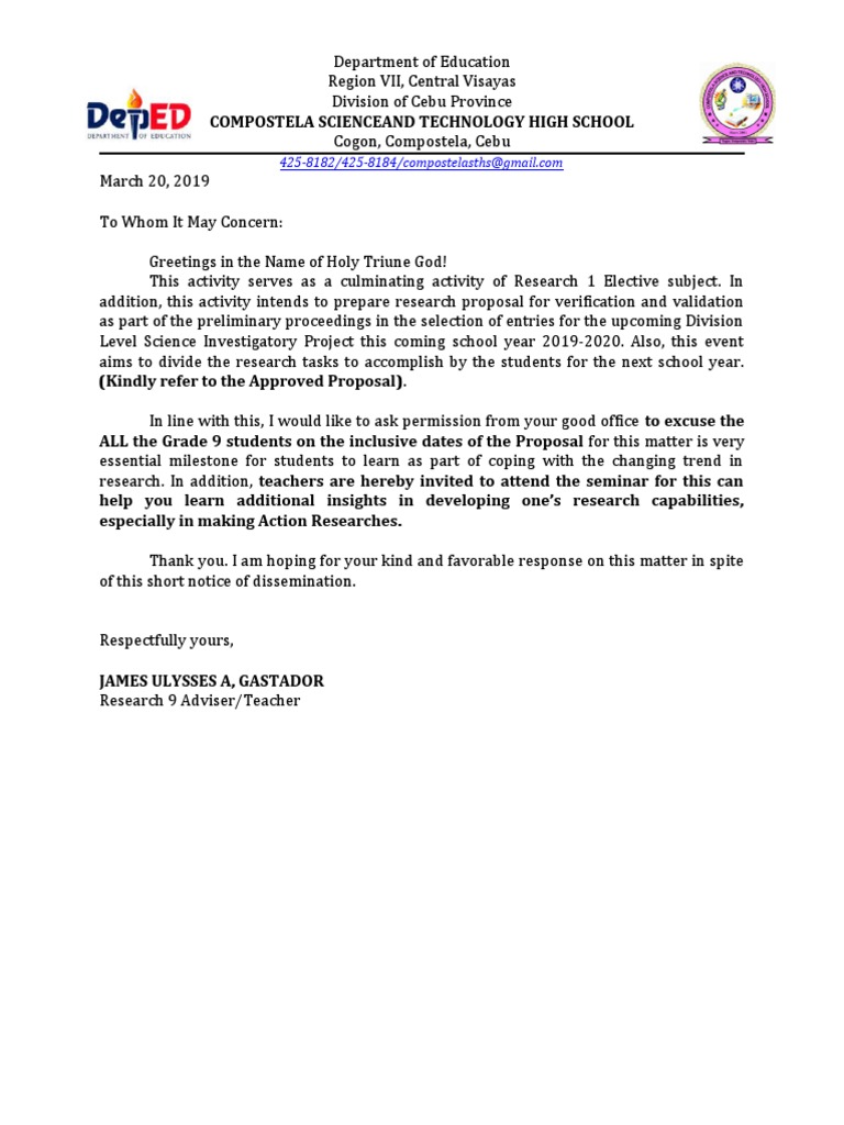 Excuse Letter for Seminar Attendance | PDF