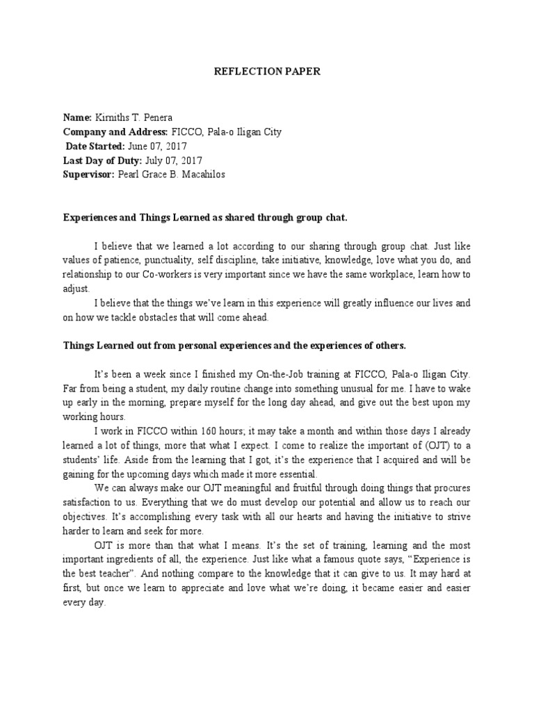 Reflection Paper Ojt | PDF