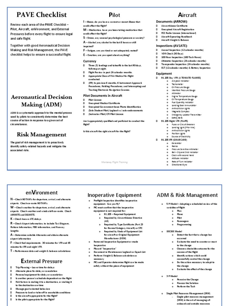 PAVE Checklist P A: Ilot Ircraft | Download Free PDF | Instrument ...