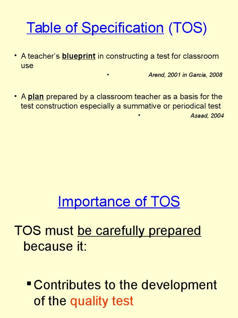 Table of Specification (TOS) : - A Teacher's Blueprint in Constructing ...