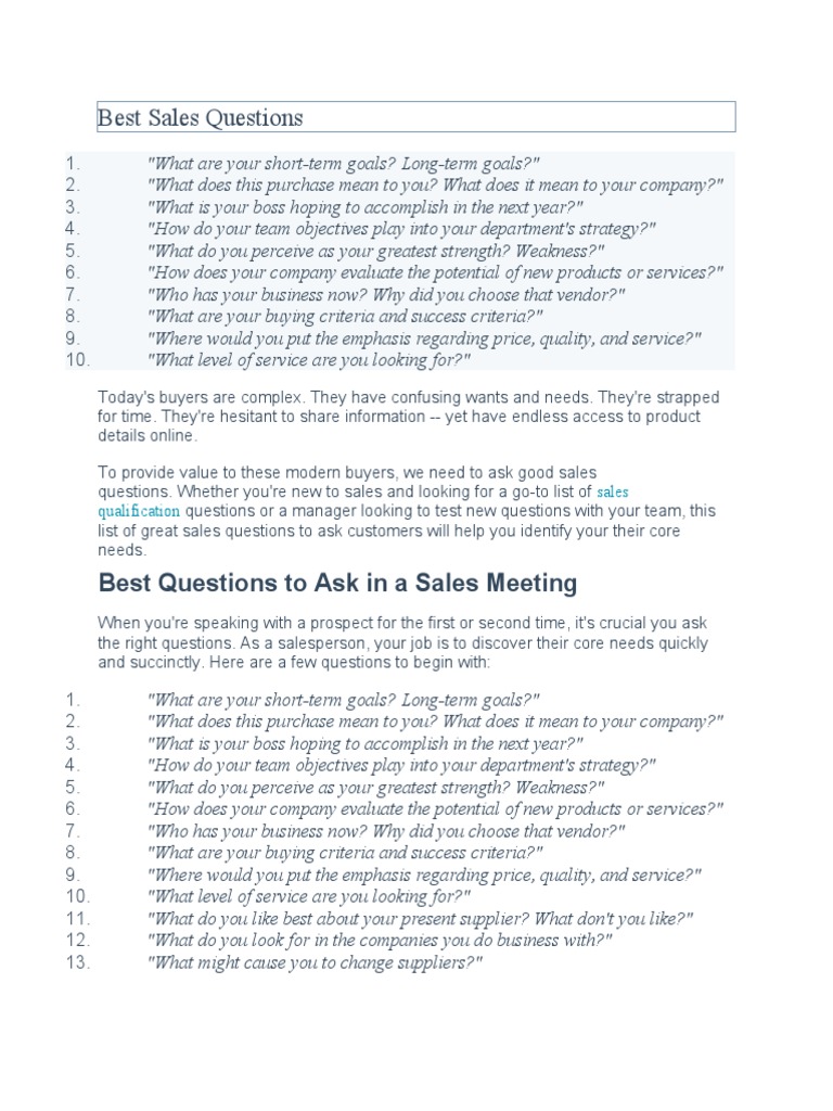 Best Sales Questions To Ask | PDF | Sales | Communication