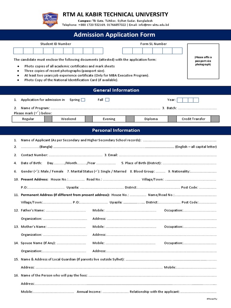 Admission Application Form: RTM Al Kabir Technical University | PDF ...
