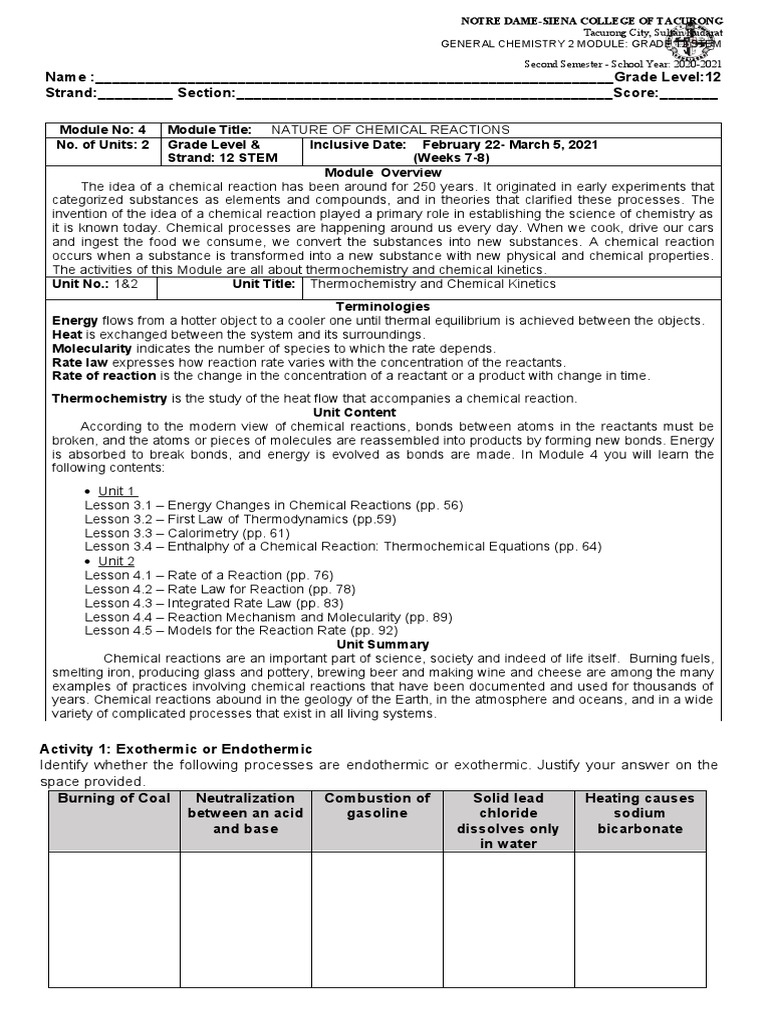 Grade 12 STEM Chemistry Module | PDF | Chemical Reactions | Chemistry