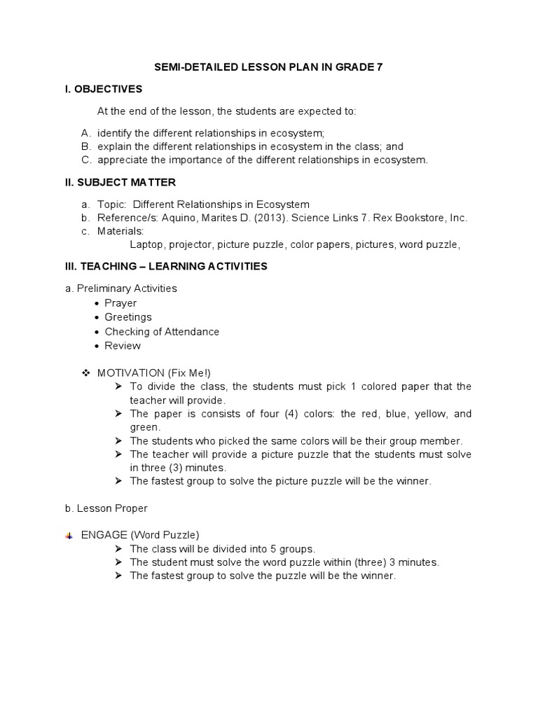 Semi-Detailed Lesson Plan in Grade 7 I. Objectives | PDF | Parasitism ...