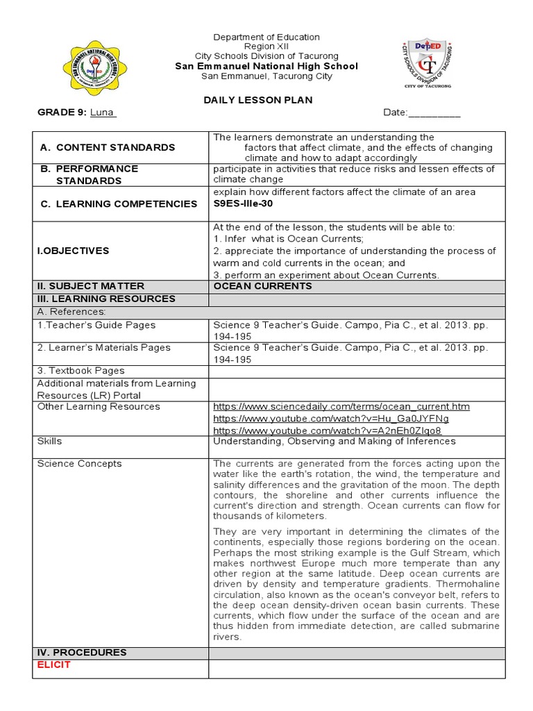 G9-OCEAN CURRENTS - Learning Plan | PDF | Hydrology | Water