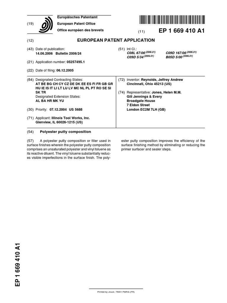 Ep1669410a1 - Usp Putty | PDF | Paint | Polyester