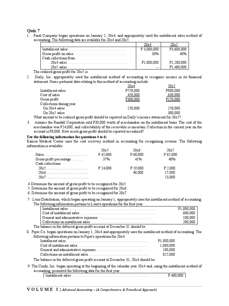 Advanced Accounting Problems on Installment Sales, Cost Recovery, and ...