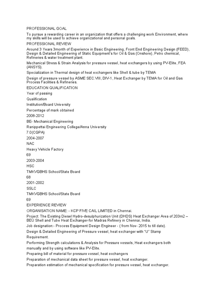 Pressure Vessel Resume | PDF | Heat Exchanger | Oil Refinery