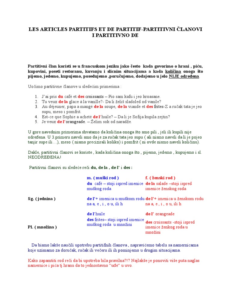 Les Articles Partitifs Et de Partitif-Partitivni Članovi I Partitivno de | PDF