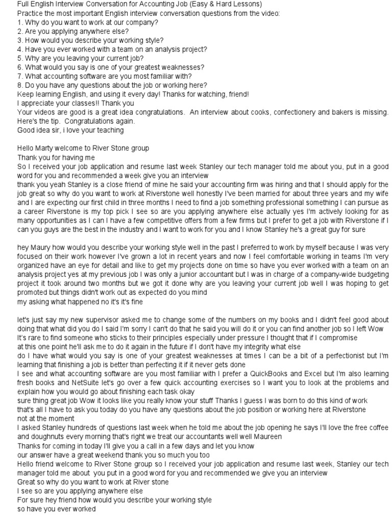 Full English Interview Conversation For Accounting Job | Interview