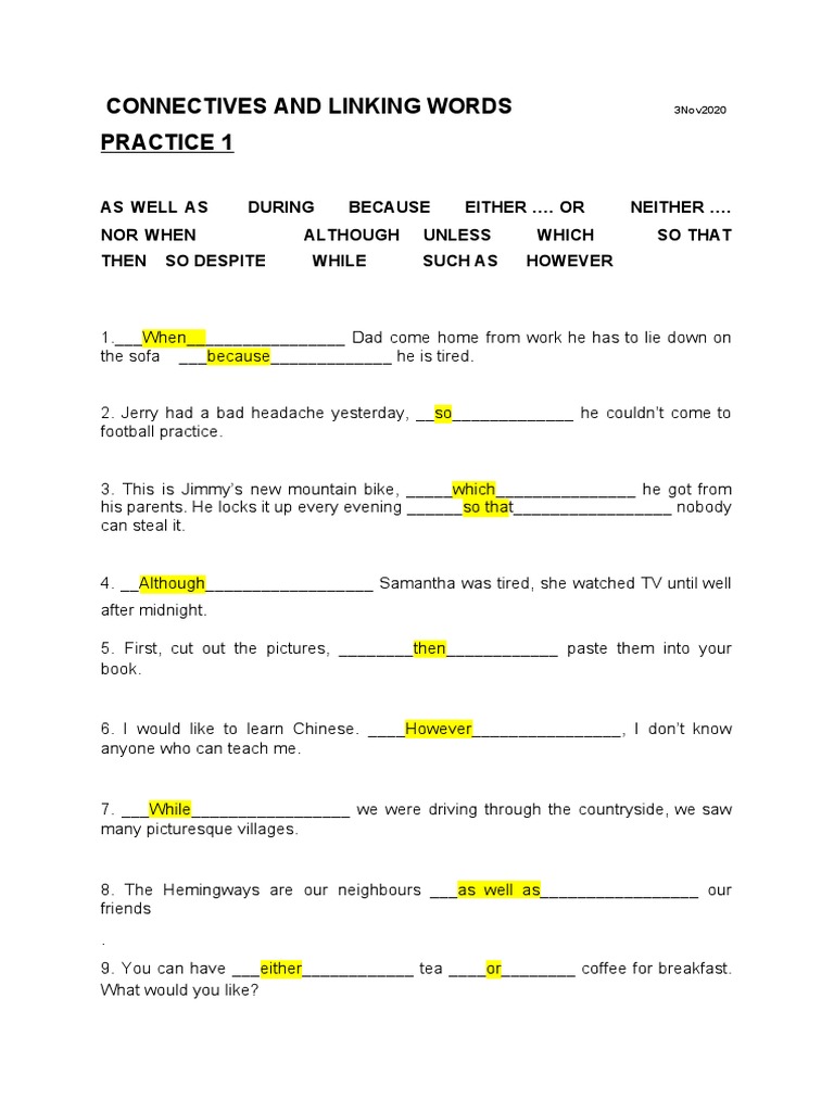 Connectives and Linking Words Practice 1 | PDF